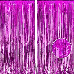 BRAVESHINE Hot Pink Glitter Tinsel Foil Fringe Curtains - 2Pcs 3.2x8.2ft Metallic Party Streamers Backdrop for Birthday Valentines Wedding Bridal Shower Tropical Hawaiian Flamingo Theme Decorations