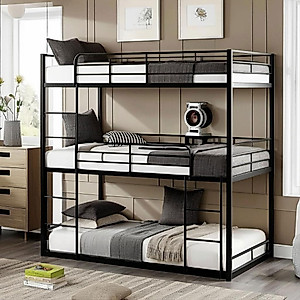 PVWIIK Heavy Duty Triple Bunk Bed for Kids,Twin Over Twin Over Twin Metal Bunkbeds with Ladder for Dorm,Bedroom,Guest Room,No Box Spring Needed, Easy Assembly,Black