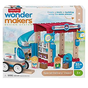 Fisher-Price Wooden Building Toy Wonder Makers Design System Special Delivery Depot, 35+ Wood Piece Playset for Preschool Kids Ages 3+ Years