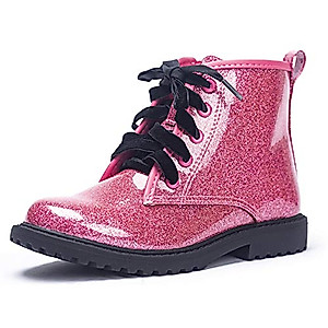 FITORY Girls Glitter Ankle Boots, Lace Up Waterproof Combat Shoes With Side Zipper for Little Kid/Big Kid Hot Pink Size 11
