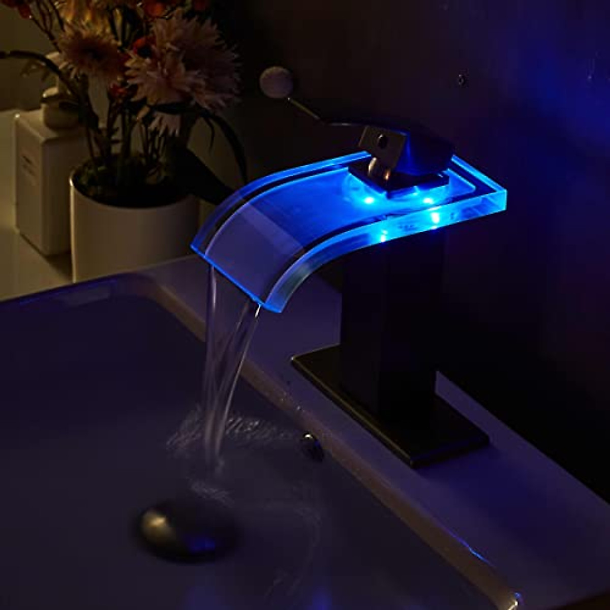 LOOPAN LED Bathroom Sink Faucet 1 Hole Waterfall Single Handle Faucet Black Glass Spout with Pop Up Drain Single Hole Bath Vanity Faucets for Sinks 2 Water Supply Lines