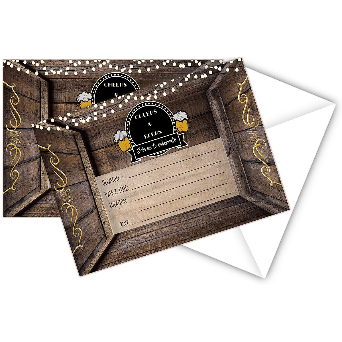 Elcer Cheers and Beers Birthday Country Rustic Fill In Set of 20 Invitations & envelopes 30 years 40 years 50 years Adult party All occasion Fill in invites