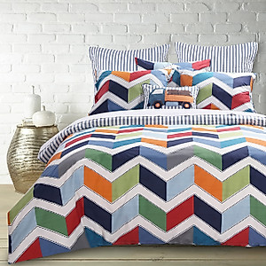 Levtex Home - Dominik Duvet Cover Set - Full/Queen Duvet Cover + Two Standard Pillow Cases - Striped - Red, Green, Blue, Orange - Duvet Cover (90 x 94in.) and Pillow Case (26 x 20in.) - Cotton
