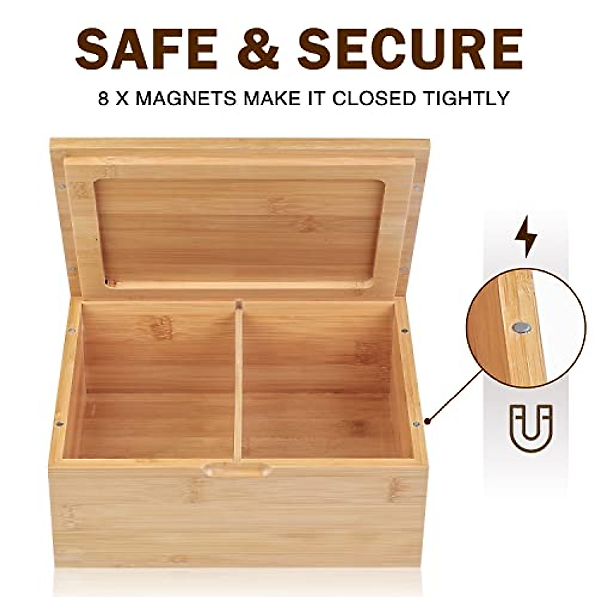Large Natural Bamboo Decorative Storage Box Wooden Keepsake Box - 10” x 8” x 4” with Magnetic Lid for Home Storage (Standard Version)