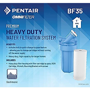Pentair OMNIFilter BF35 Water Filtration System, 10" Premium Whole House Heavy Duty Filtration System with Bypass, Includes 10" Blue Heavy Duty Housing, RS18 Sediment Reduction Cartridge and All Tools