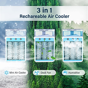 Thehomeuse Portable Air Conditioner Fan, 3in1 Personal Mini Cooler, Small Evaporative Cooler with LED Lights, Quiet Desktop Cooling Fan for Office, White