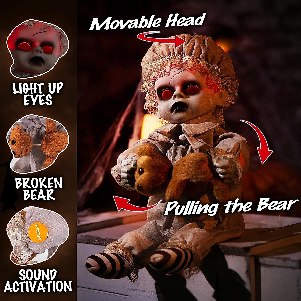 NEYEABL 10" Spirit Animatronic Ghost Boy Doll Halloween Decorations.-Sound Activated,Creepy Sound & Head & Hand Movements,Red Eyes Lit, Haunted House Holiday Props, Halloween Spooky Animations