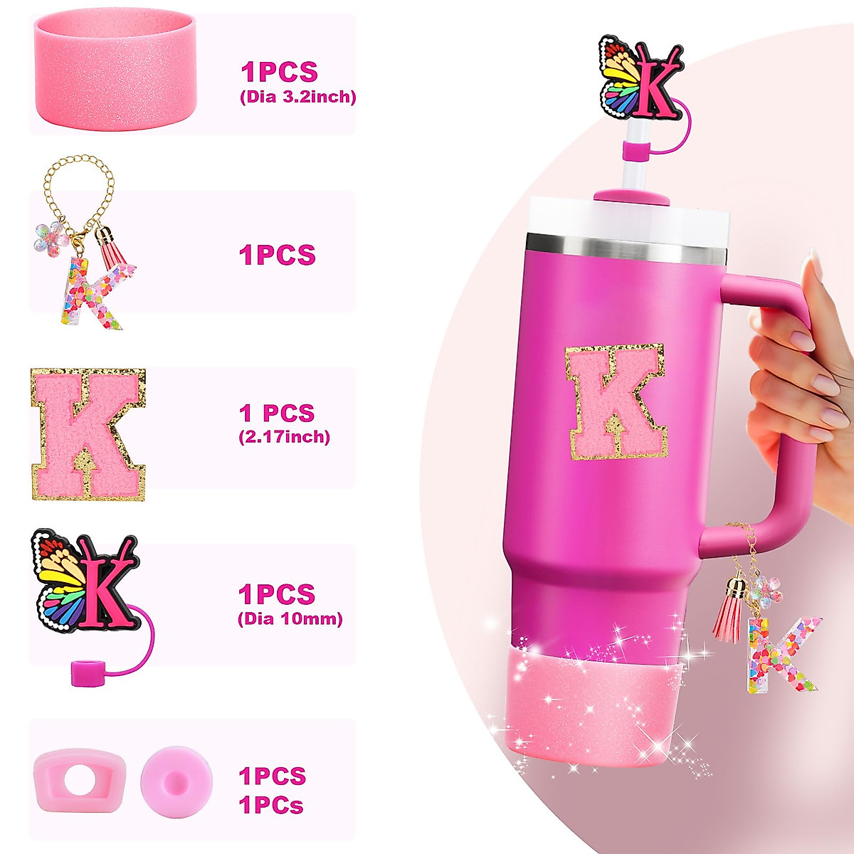 Mity rain 6PCS Cup Accessories Set for Stanley Cup 30oz 40oz, Tumbler Initials Decorations for Stanley, Including Silicone Straw Cover Cap and Boot, Spill Proof Stopper, Handle Charm, Sticker,Letter K