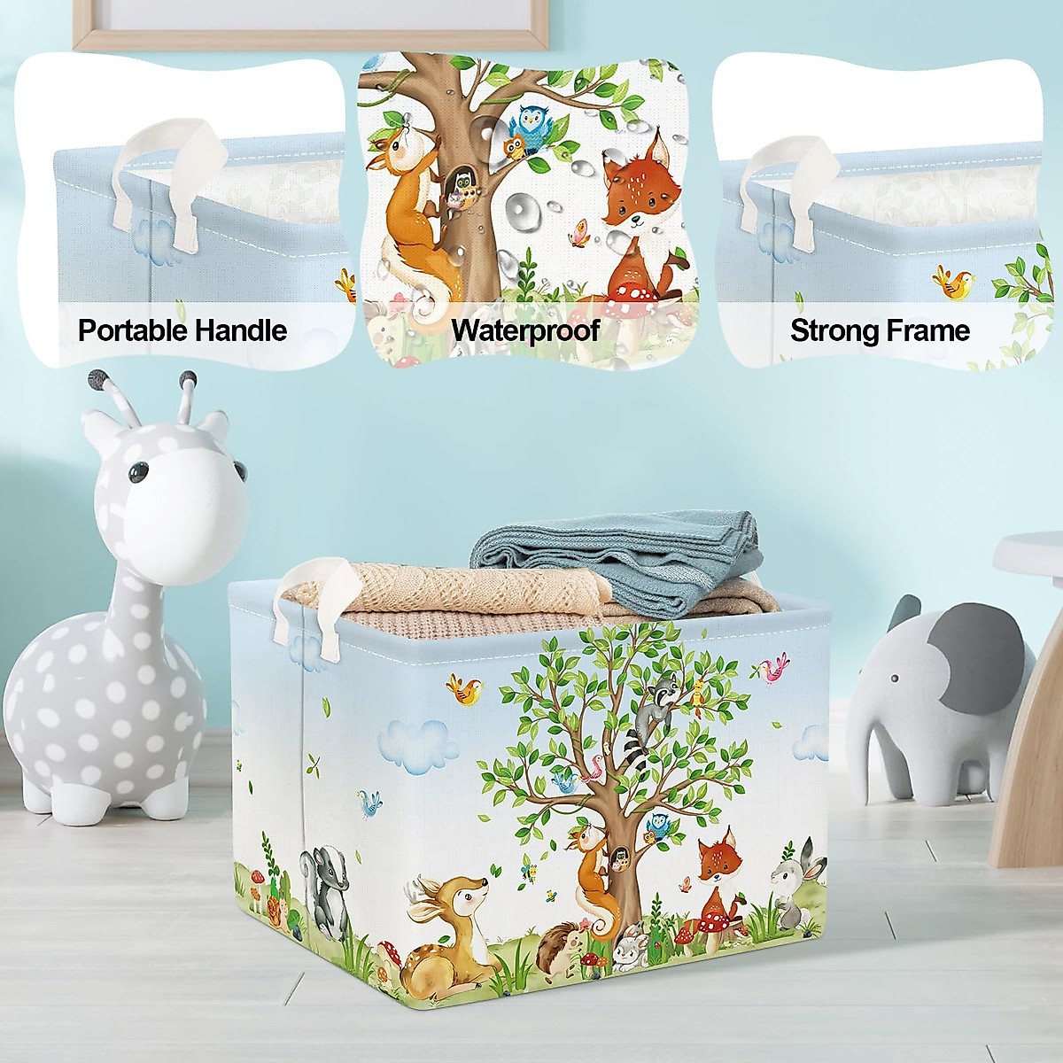 Clastyle Forest Life Tree Baskets Rectangular, Kids Basket,Waterproof Foldable Canvas Laundry Basket,Nursery Hamper,Room Decor,Shelf Basket(Animal)