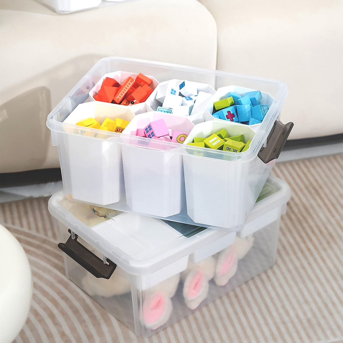 Citylife 17 QT Plastic Storage Box with Removable Tray and 6 Detachable Tall Inserts Craft Organizers and Storage Clear Storage Container for Organizing Crayon, Craft, Sewing, Playdoh