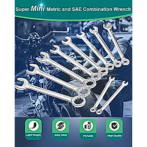 VICRING Small Wrench Set 20 Pcs Mini Wrench Set Metric SAE Ignition Wrench Set Open and Box End Wrench Set Combination Wrench Sets with Storage Pouches and Key Chains, 4mm-11mm & 5/32"-7/16" (Silver)