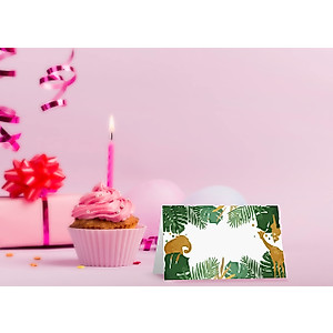 Table Place Card, Jungle Safari Animals Themed Tent Style Cards, Pack of 25 Half-Fold Reception Place Card, Gold Wild Animal Food Labels, Perfect for Baby Shower, Birthday Party C08