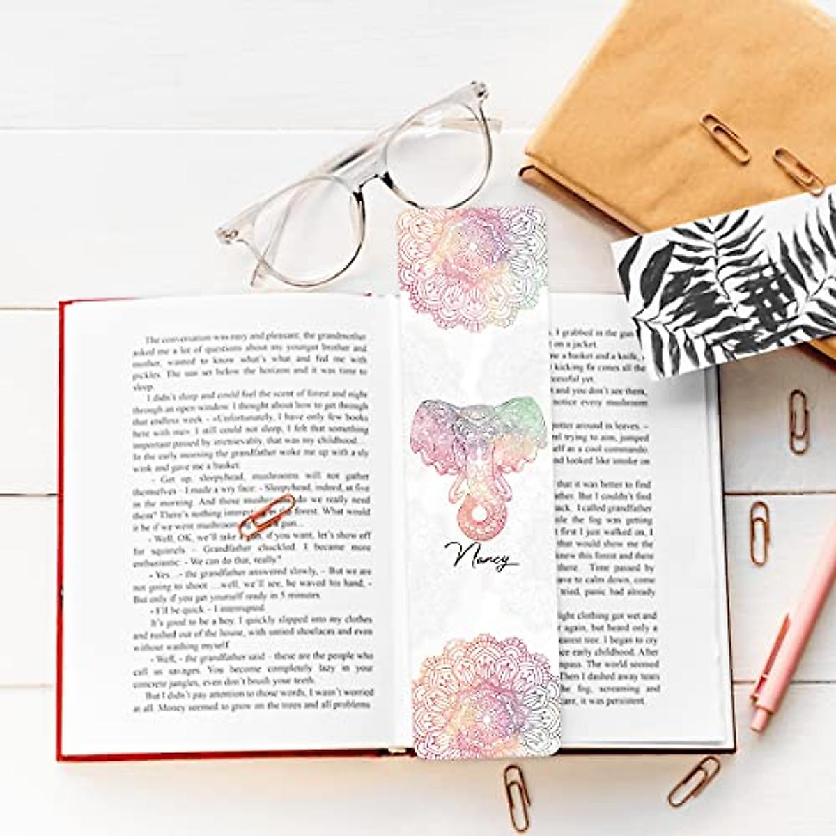 Personalized Bookmark Custom Name Elephant Mandala Pattern Bookmarks Gifts for Book Lovers Women Men Readers On Birthday Christmas Day Design Your Own Markers Metal Multicolored