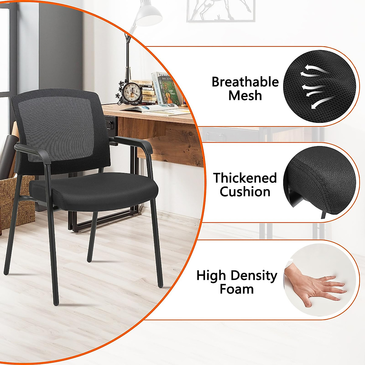 CLATINA Office Reception Guest Chair Mesh Back Stacking with Ergonomic Lumbar Support and Thickened Seat Cushion for Waiting Conference Room Black 4 Pack