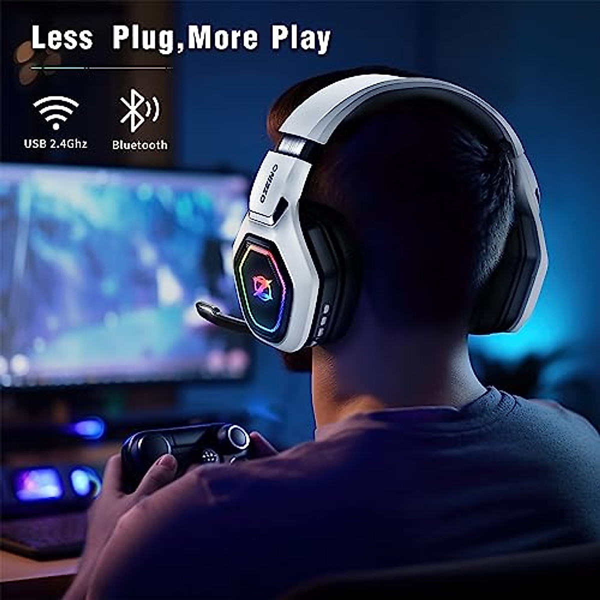 Ozeino Wireless Gaming Headset for PC, PS5, PS4 - Lightspeed USB & Type-C 2.4GHz Ultra Stable Low Latency Gaming Headphones with Flip Microphone, 30-Hr Battery Gamer Headset for Switch, Laptop, Mobile