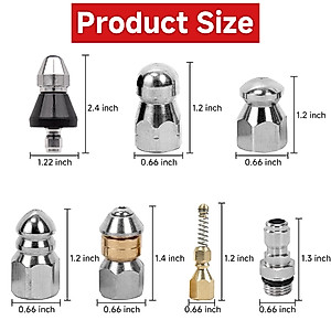 8PCS Sewer Jetter Nozzle Kit with Box, Stainless Steel Rotating Nose Sewer Jetting Nozzle for Pressure Washer,Pressure Drain Jetter Hose Nozzle with 1/4 Inch Pressure Washer Quick Connector,5000 PSI