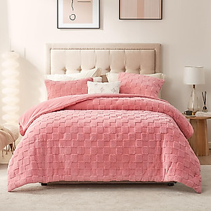 Cozy Bliss Fluffy Queen Size Comforter Set, Farmhouse Jacquard Checkered Sherpa Bed Set, Ultra Soft Thick Bedding Set for Winter, 3 Pieces, 1 Fuzzy Comforter & 2 Pillow Shams, Hot Pink