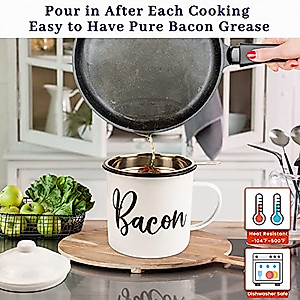 Bacon Grease Container with Strainer - With Food-Grade Silicone Spatula, 46oz Large Enamel Grease Strainer - Rustic Farmhouse Bacon Fat Container, Bacon Grease Keeper, With Recipes, Dishwasher Safe