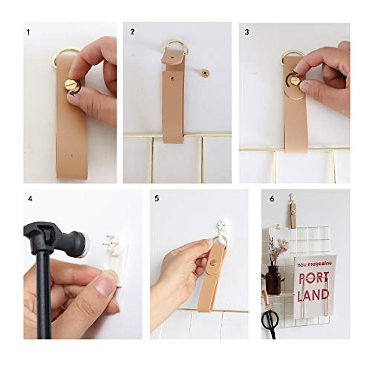 FRIADE Rose Gold Metal Wire Wall Grid Panel for Photo Display,Display Ledge,Wall Organizer for Living Room,Bedroom，10 Metal Clips&2 Leather Straps&3 Nails Offered,Set of 1 (Rose Gold:25.5”x17.7”)