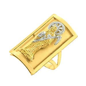 Religious Jewelry 14k Gold Long Santa Muerte Shield Ring (12.7 x 22.8 mm) (White-and-yellow-gold, 7)