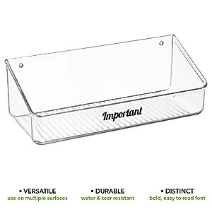 mDesign Wall Mount Storage Organizer Tray Bin - Modern Plastic Wide Hanging Shelf Basket for Walls/Doors in Office - 4 Pack + 32 Adhesive Labels - Clear