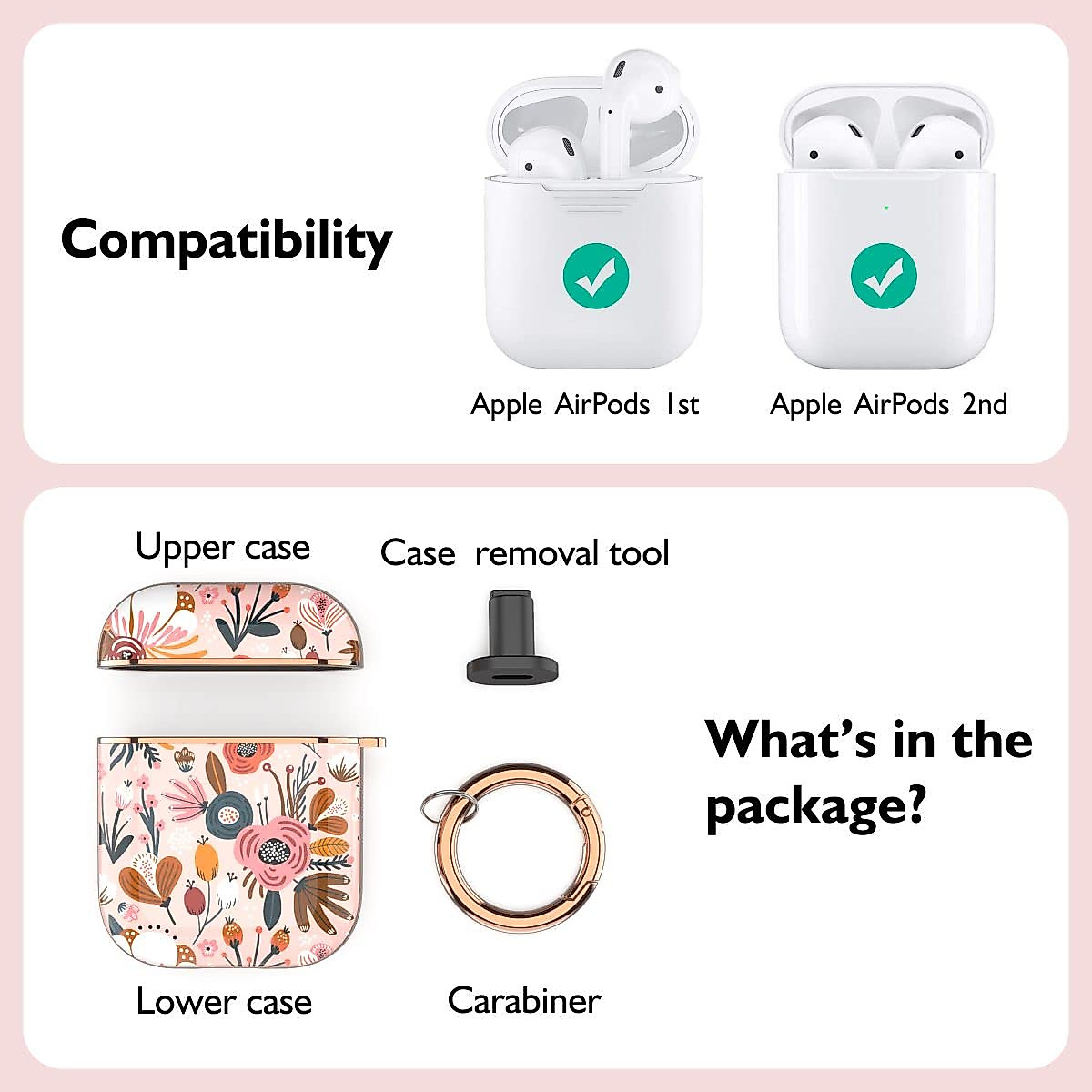 TATOFY Case Cover for AirPods 1&2, Stylish AirPods Case for Women Girls, Flower Patterns Protective Hard Case with Clip (Pink)