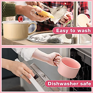 2 Pieces Ceramic Soup Bowls with Handles 30 oz Microwave Safe Bowl with Lid Microwavable Soup Mug with Lid Large Soup Cups for Ramen Noodle Cereal (Pink, Yellow)