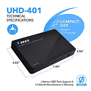 OREI Ultra HD HDMI 4 x 1 Switcher 18G Audio Extractor IR Remote - Supports Upto 4K @ 60Hz - (4 Input, 1 Output) Switch, Hub, Port for Cable, HD TV, Laptop, MacBook & More (UHD-401)