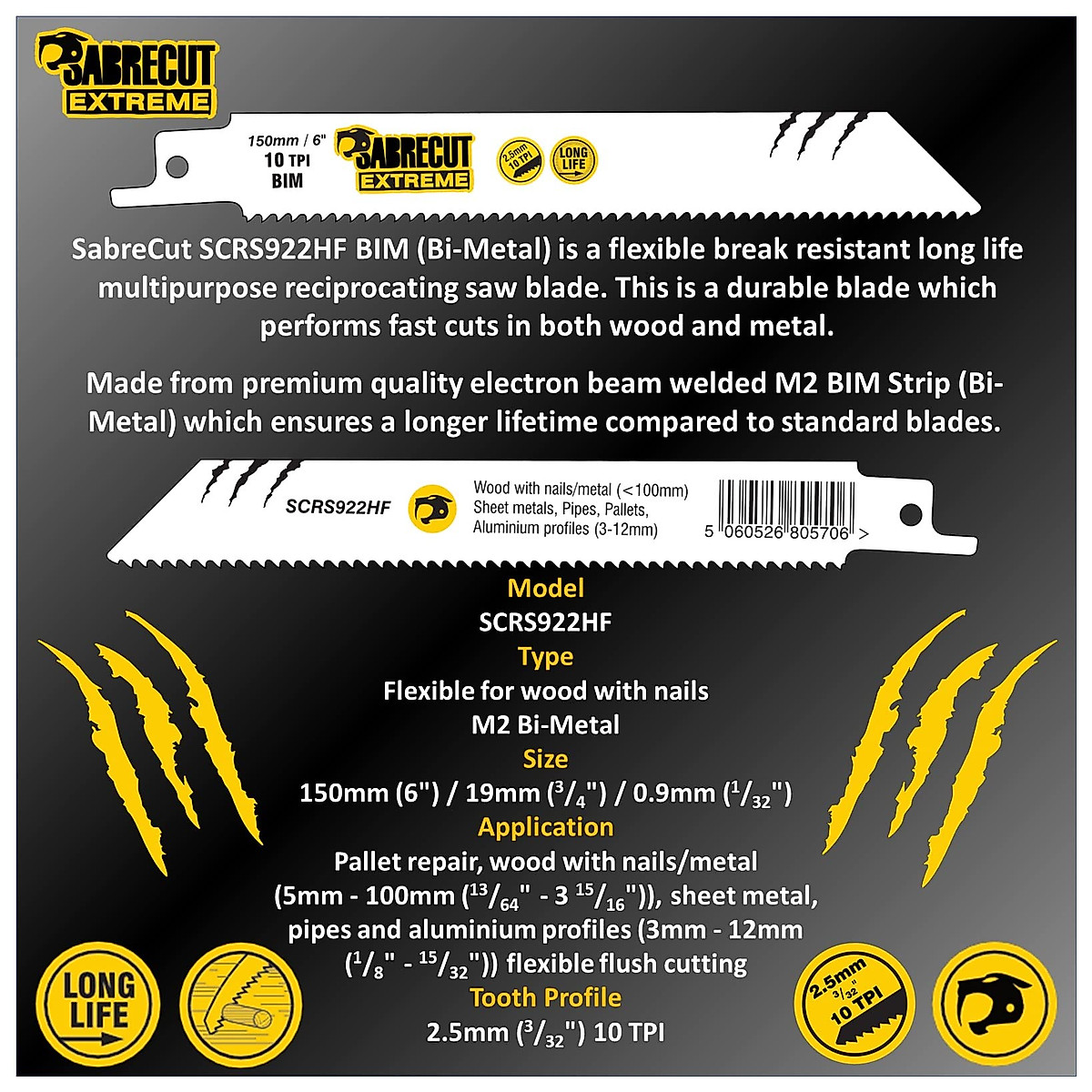 10 x SabreCut SCRS922HF_10 5 15/16" (150mm) 10 TPI S922HF Fast Wood and Metal Cutting Reciprocating Sabre Saw Blades Compatible with Bosch Dewalt Makita and many others