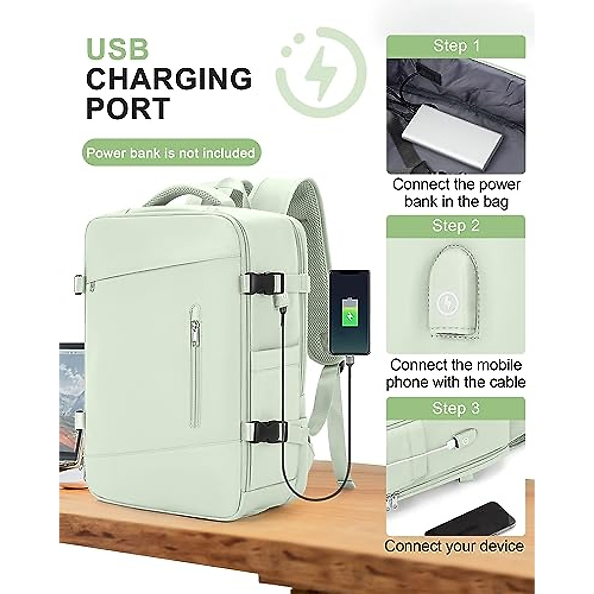 Large Travel Backpack for Women Carry On Airline Flight Approved Expandable Work Personal Item size Backpack Bag with Laptop compartment for College Men Waterproof Hiking Mochila de Viaje MintGreen