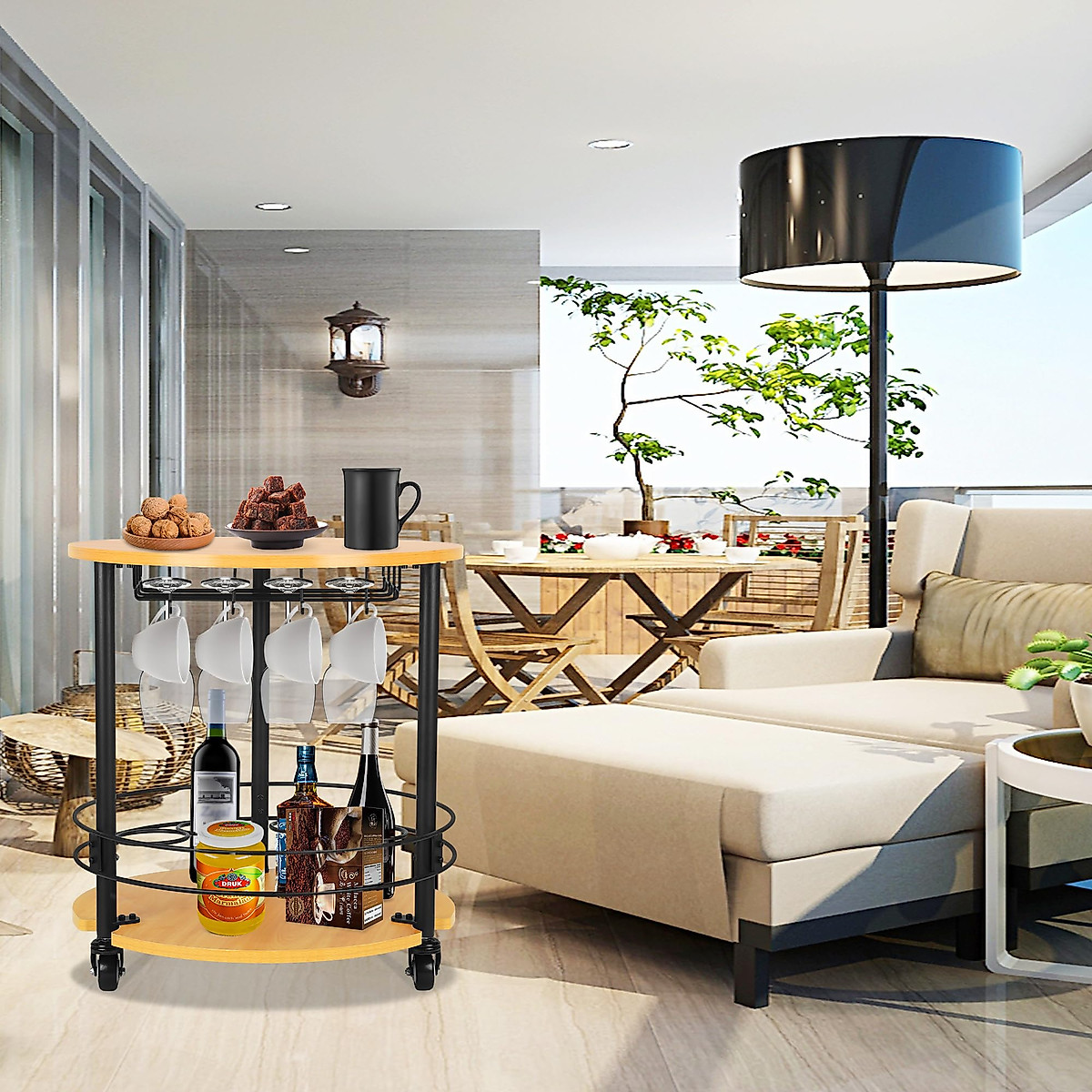 Small Bar Cart with Wheels, 2 Tier Serving Cart for Home Mobile Round Coffee Table Bearing 130 LBS Rolling Beverage Drink Cart, Coffee Corner Station with Wine Rack for Living Room Bedroom Office