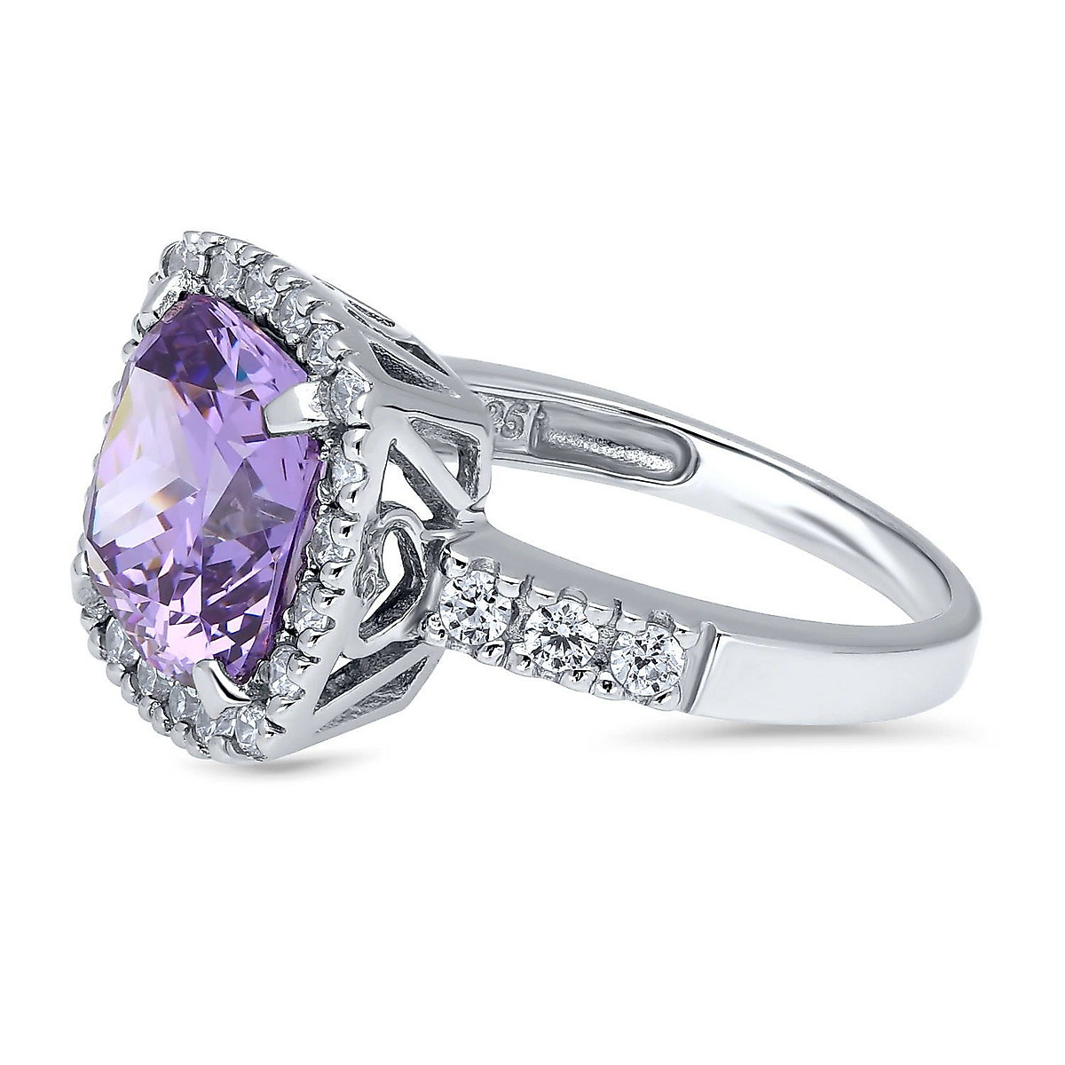 BERRICLE Sterling Silver Halo Purple Cushion Cut Cubic Zirconia CZ Statement Cocktail Fashion Ring for Women, Rhodium Plated Size 9