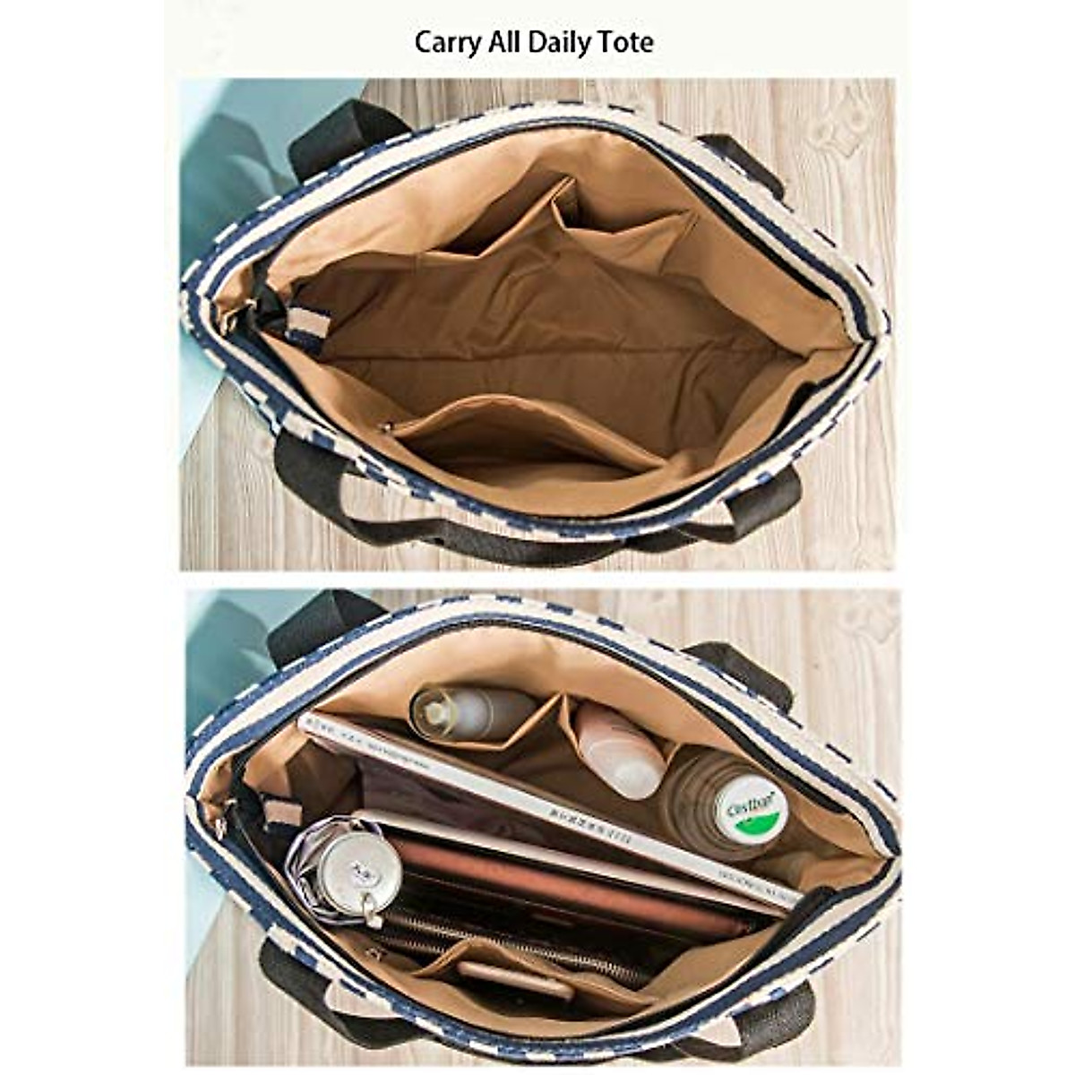 YHSHYZH Medium Tote Handbag Black & White Striped Daily Satchel Shoulder Purses with Multi-Pockets Canvas Vaction Work Tote with Zipper Spring Summer Beach Bag Gifts for Womens (M Black+White)