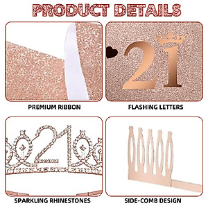 21st Birthday Decorations for Her Girls Sweet Birthday Gifts Rose Gold 21st Birthday Sash, Tiara, Cake Topper, Number 21st Candles, Happy 21st Birthday Banner, 3D Butterfly 12pcs, Birthday Supplies