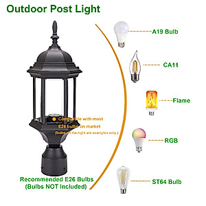 LIT-PaTH Outdoor Post Lighting Fixture Pole Lantern, E26 Medium Base Max 60W, Aluminum Housing Plus Glass, 1-Pack, Black Finish