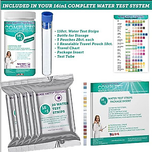 16in1 Premium Drinking Water Test Strips System | 110 Strips | Home Water Well Tap Quality Test for Copper, Lead, Chlorine, Hardness, Fluoride, pH, Iron & More w Travel Bag - Nurse Hatty 110ct.