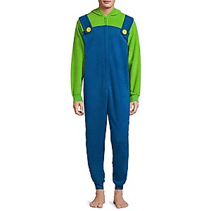 Nintendo Super Mario Luigi PJ Union Suit Costume Pajamas for Men with Faux Moustache, Large Blue
