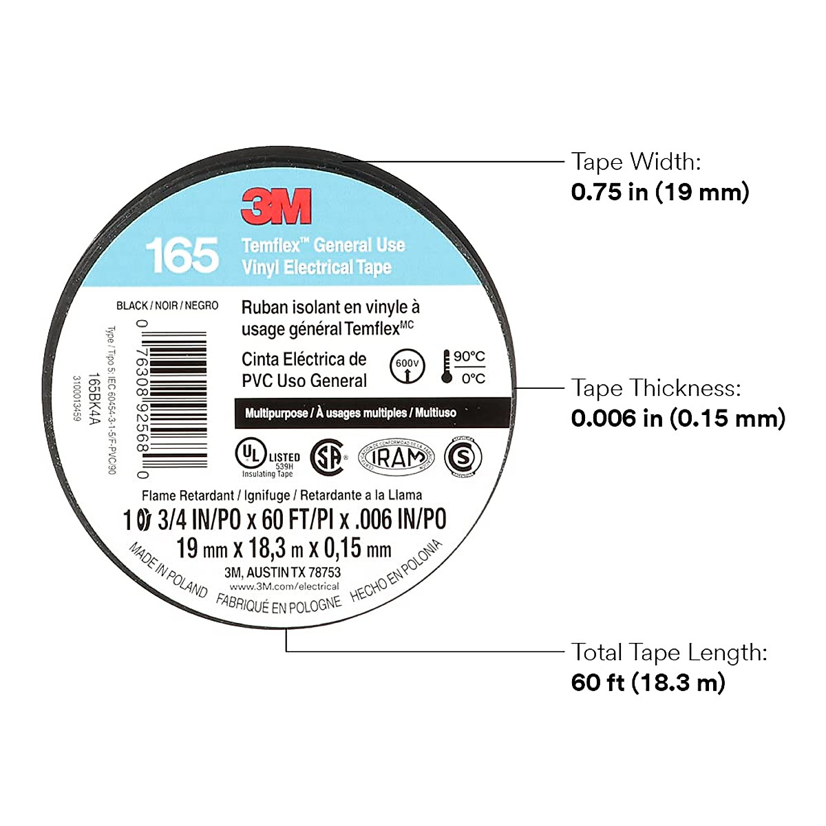 3M Temflex Multi-Purpose Vinyl Electrical Tape 165, Black, 3/4 in x 60 ft (19 mm x 18 m), 10 Roll Pack