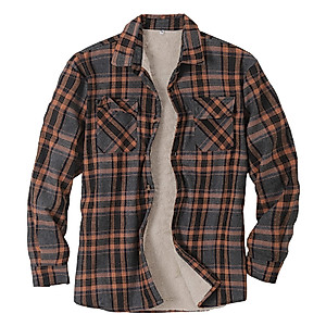 Burband Mens Long Sleeve Berber Fleece Lined Button Down Camp Flannel Shirts Brushed Cotton Thermal Sherpa Plaid Jackets, 2-brown