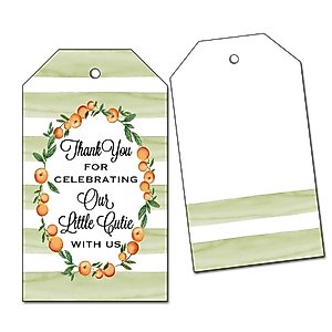 25 Tags for Baby Shower or Birthday Party Favors, Orange Clementine - Thanks for Celebrating Our Little Cutie - Green Stripes