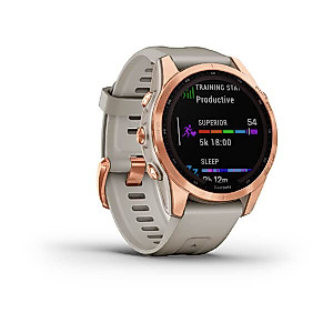 Garmin Fenix 7S Solar Edition Smart Watch Rose Gold with Light Sand Band (42mm) + Watch Charging Stand + USB Car/Wall Adapter + 6TH AVE Cleaning Kit (010-02539-10)