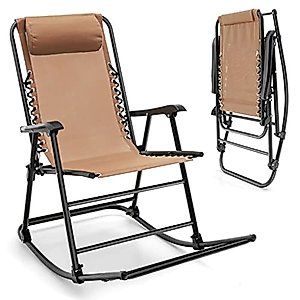 ZJHYXYH Patio Camping Rocking Chair Folding Rocking Chair Footrest Outdoor Beige