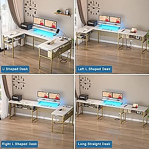 Unikito U Shaped Desk with LED Strip and Power Outlet, Reversible Large Corner Computer Desk with Monitor Stand and Storage Shelf, 83 Inch U Shape Office Desks, 2 Person L Shaped Gaming Table, White