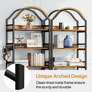 Tribesigns 5-Tier Bookshelf, 73" Tall Arched Bookcase, Industrial Wood Storage Rack Open Shelves with 4 Hooks, Modern Standing Bookshelves Metal Frame Display Rack for Home Office, Brown, 1 Pc