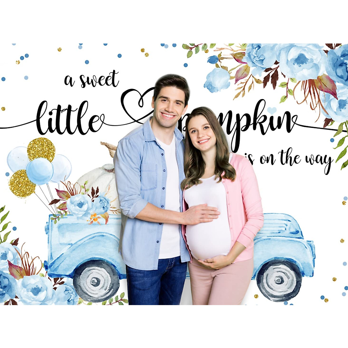 Aperturee Little Pumpkin Baby Shower Backdrop 7x5ft A Little Sweet Pumpkin is On The Way Blue Floral Truck Balloons It's a Boy Photography Background Fall Autumn Party Decorations Banner Photo Booth