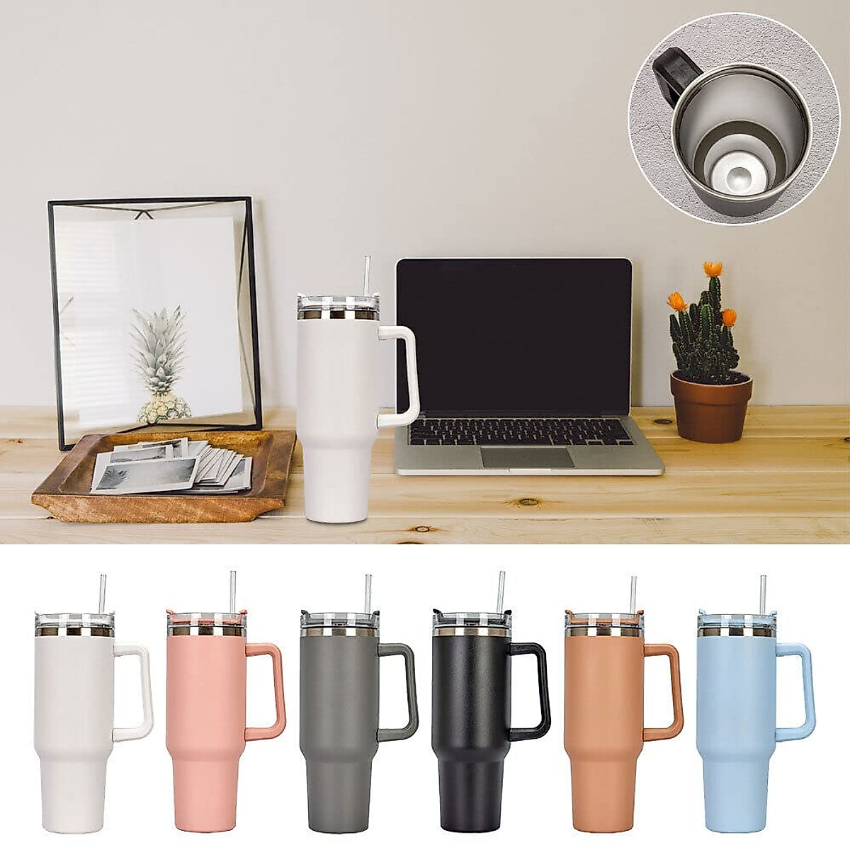 40 oz Tumbler With Handle and Straw Lid Reusable Stainless Steel Insulated Tumblers Travel Mug for Hot and Cold Beverages Thermos Travel Coffee Mug (Coffee)