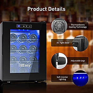 IsEasy 12 Bottle Wine Cooler, Mini Wine Cellar Adjust Temp 46°F-66°F Quiet Freestanding Wine Refrigerator Counter Top Bar Fridge for Kitchen, Home Bar, RV (UPGRADE)