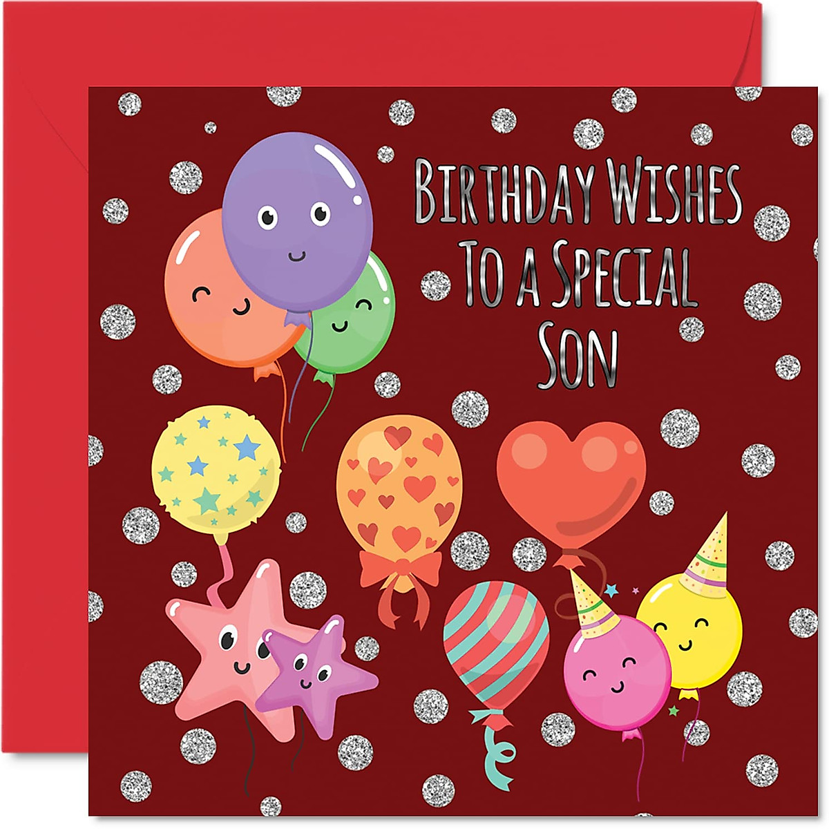 Fun Birthday Cards for Son - Birthday Balloons - Happy Birthday Card for Son from Mom or Dad, Son Birthday Gifts, 5.7 x 5.7 Inch Birthday Greeting Cards Gift for Son