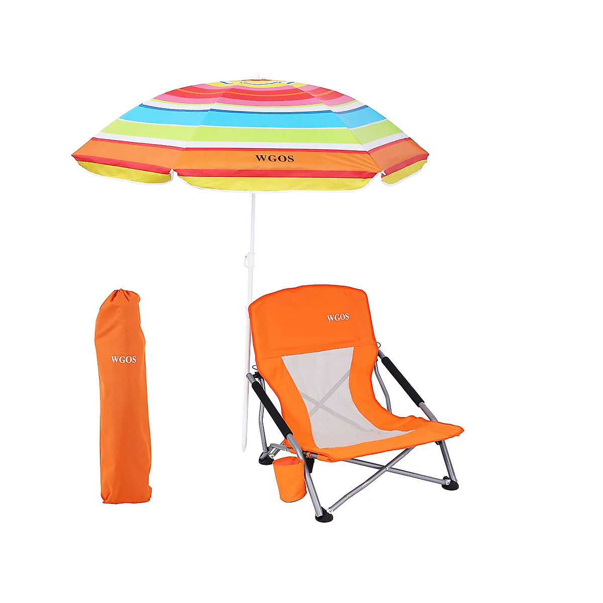 Folding Camping Table Adjustable Card Table 24'' x 16'' (L x W) + Beach Chair with Umbrella for Adults 1-Pack Orange