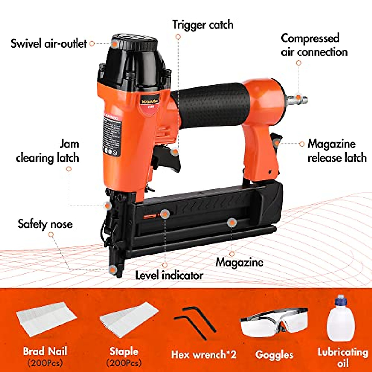 ValueMax 18 Gauge Pneumatic Brad Nailer, 2-in-1 Nail Gun Staple Gun with 1-5/8 inch Staples, 2-5/8 inch Brad Nails, Carrying Case and Safety Glasses, Ideal for Upholstery and Home Improvement